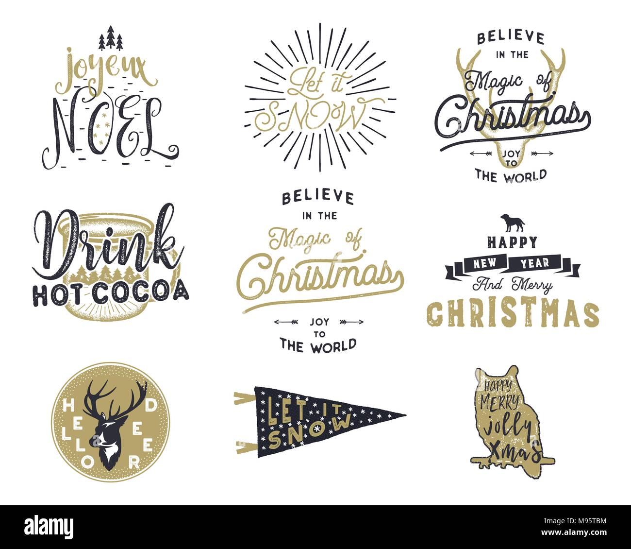 Big Merry Christmas typography quotes, wishes bundle. Sunbursts, ribbon ...