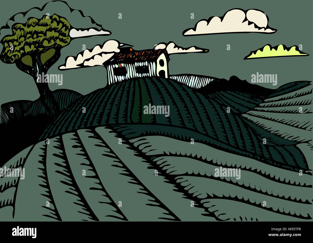 The Hillside - Picturesque landscape illustration of a house on a ...