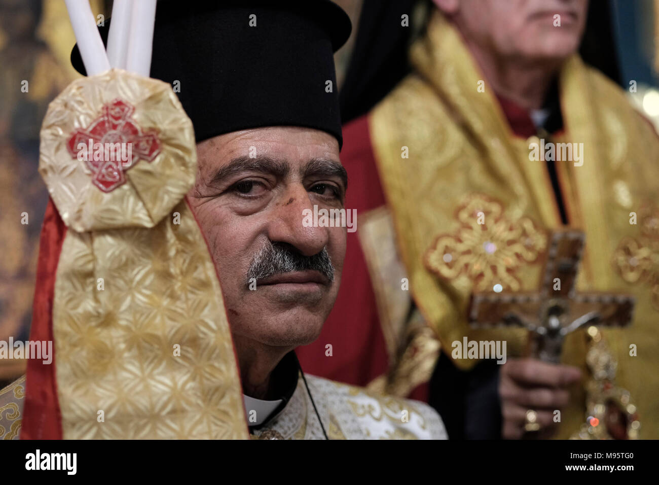 Clergy taking part in a liturgy inside the Greek Catholic Melkite ...