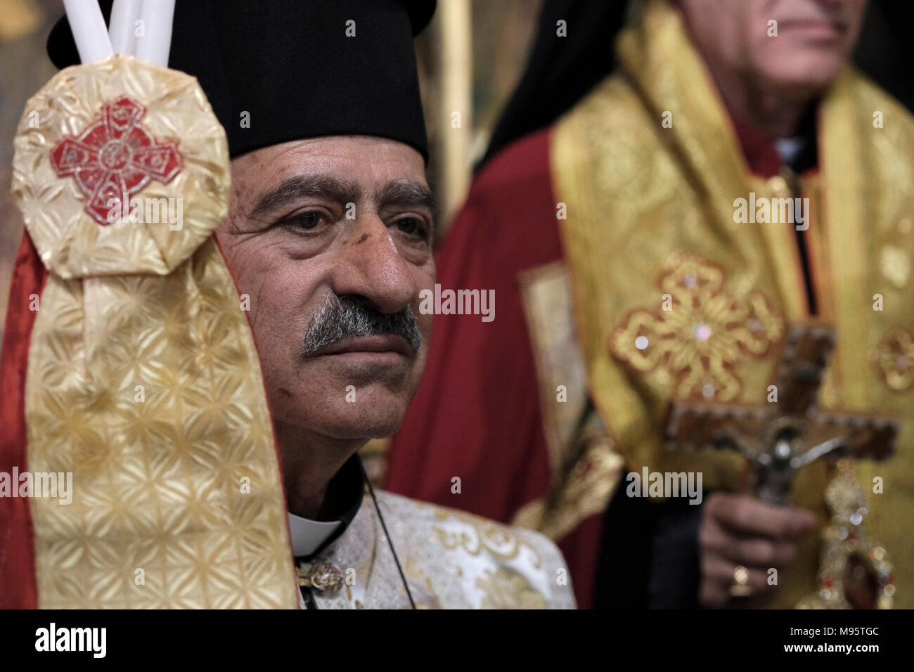 Clergy taking part in a liturgy inside the Greek Catholic Melkite ...