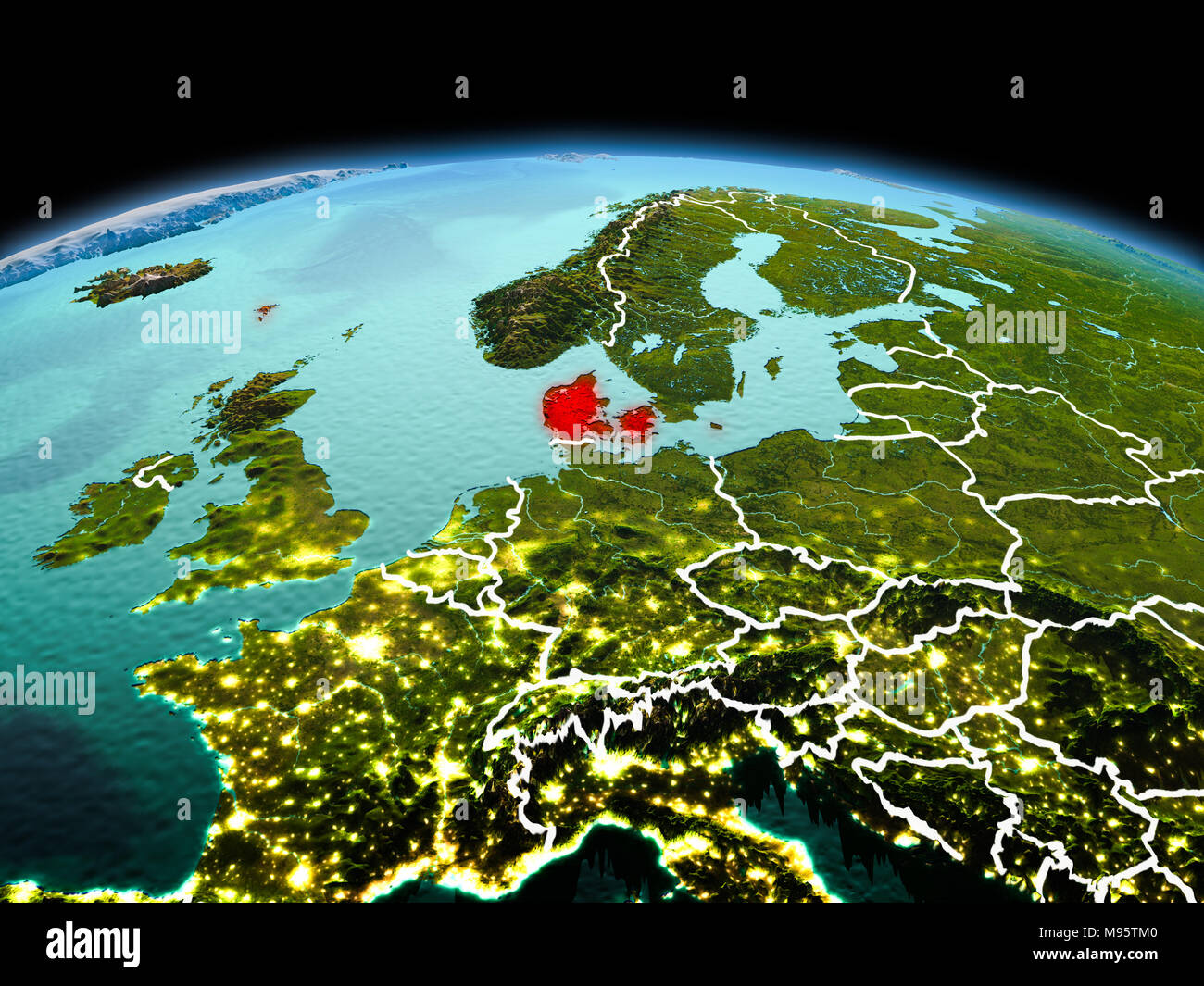 Morning above Denmark highlighted in red on model of planet Earth in space with visible border ...