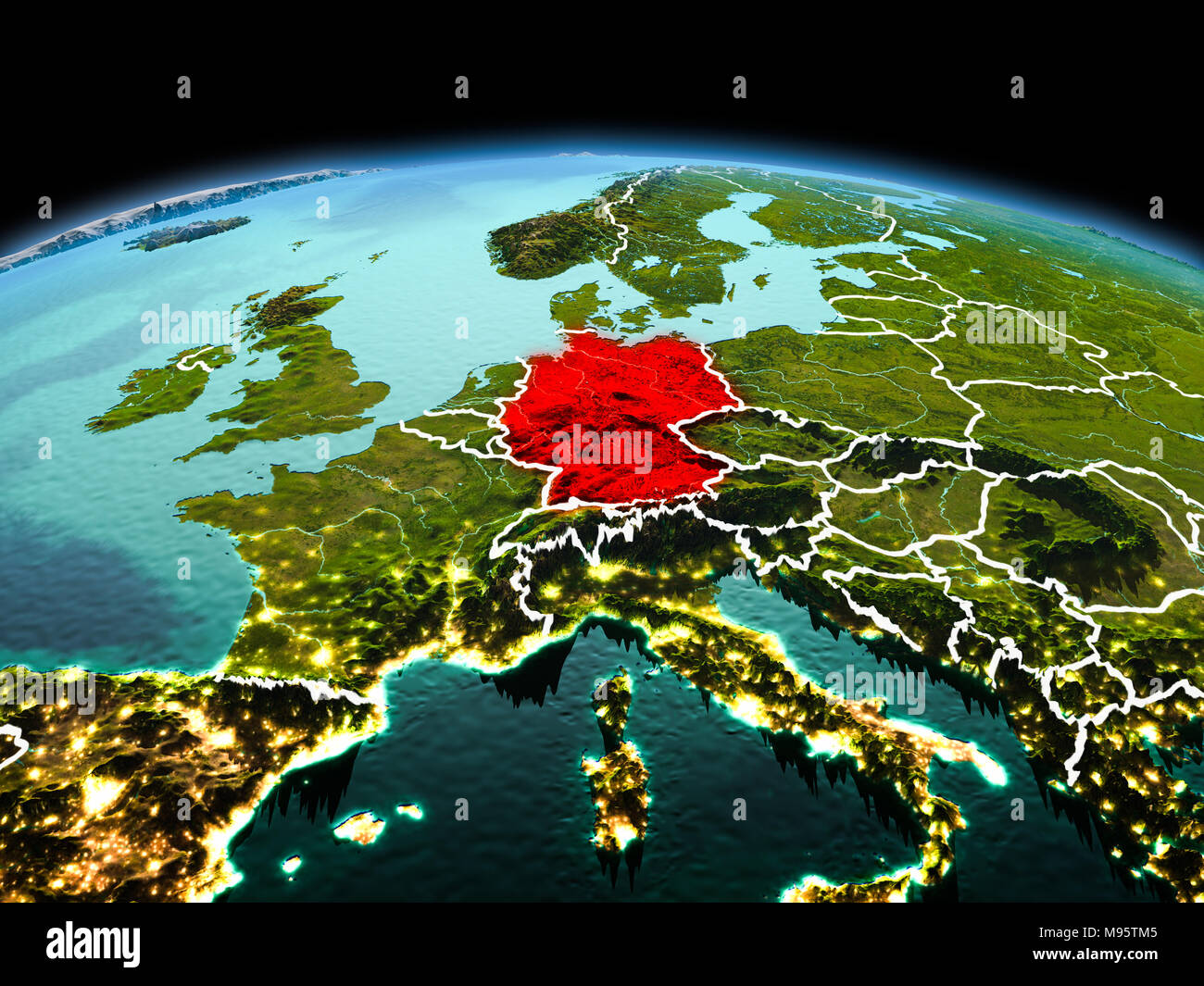 Morning above Germany highlighted in red on model of planet Earth in ...
