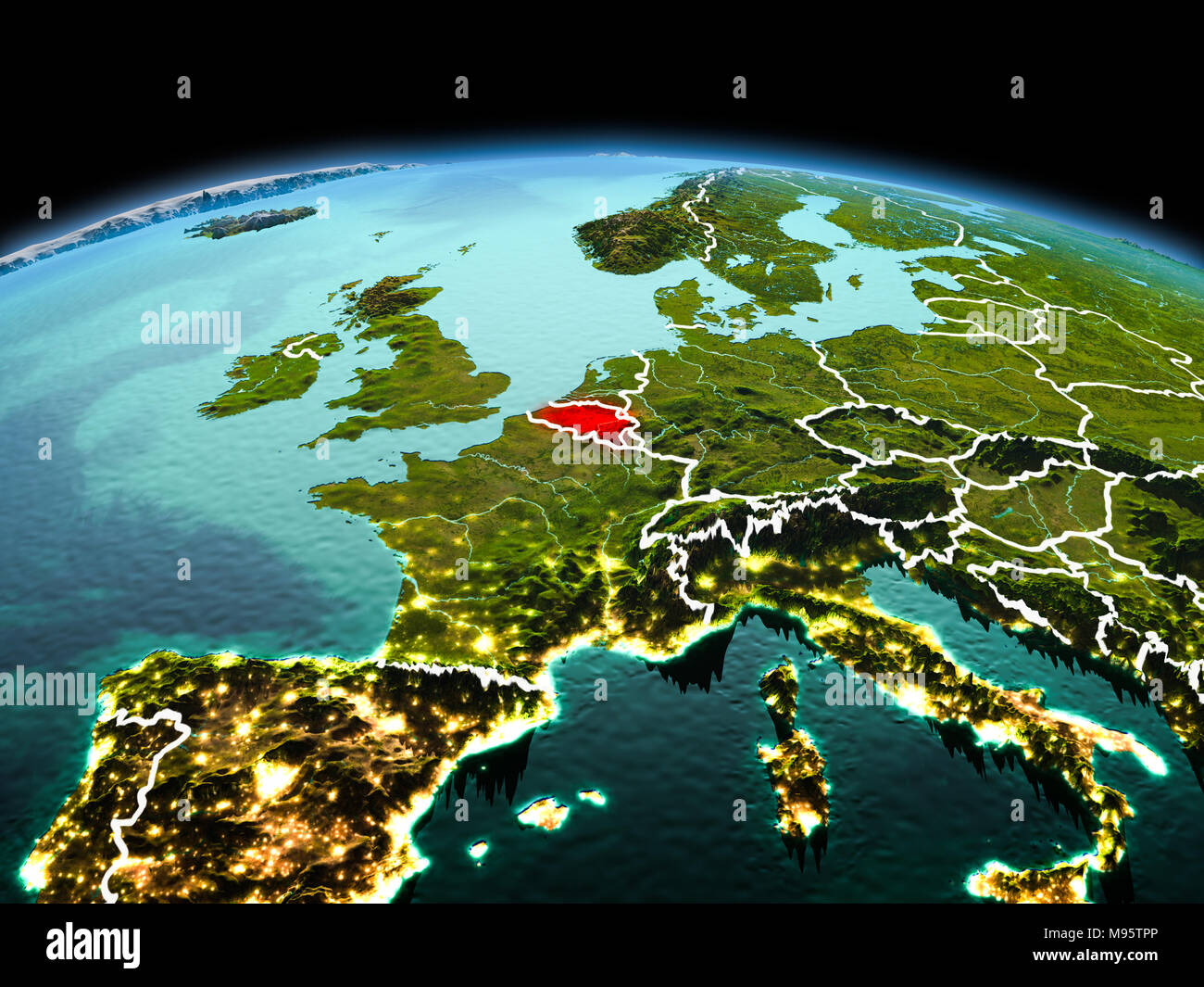 Morning above Belgium highlighted in red on model of planet Earth in space with visible border ...