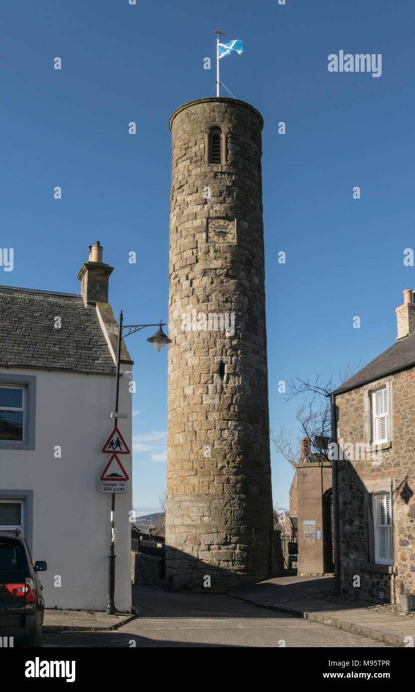 An Irish style round tower is at the centre of the village of Abernethy ...