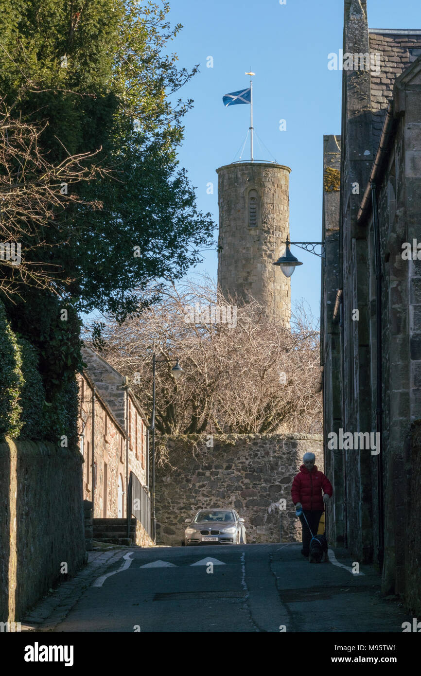 An Irish style round tower is at the centre of the village of Abernethy ...
