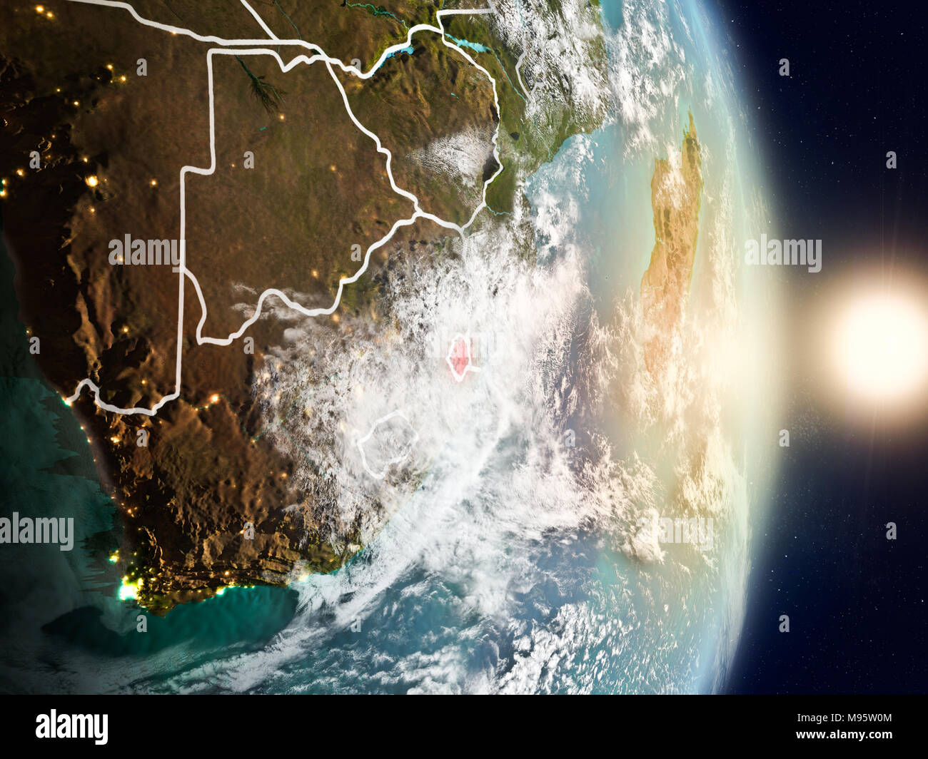 Swaziland during sunrise highlighted in red on planet Earth with visible country borders. 3D ...