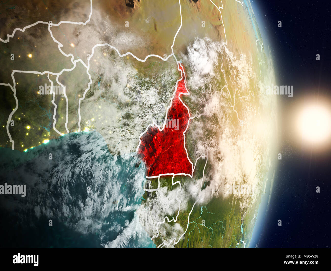 Cameroon during sunrise highlighted in red on planet Earth with visible country borders. 3D ...