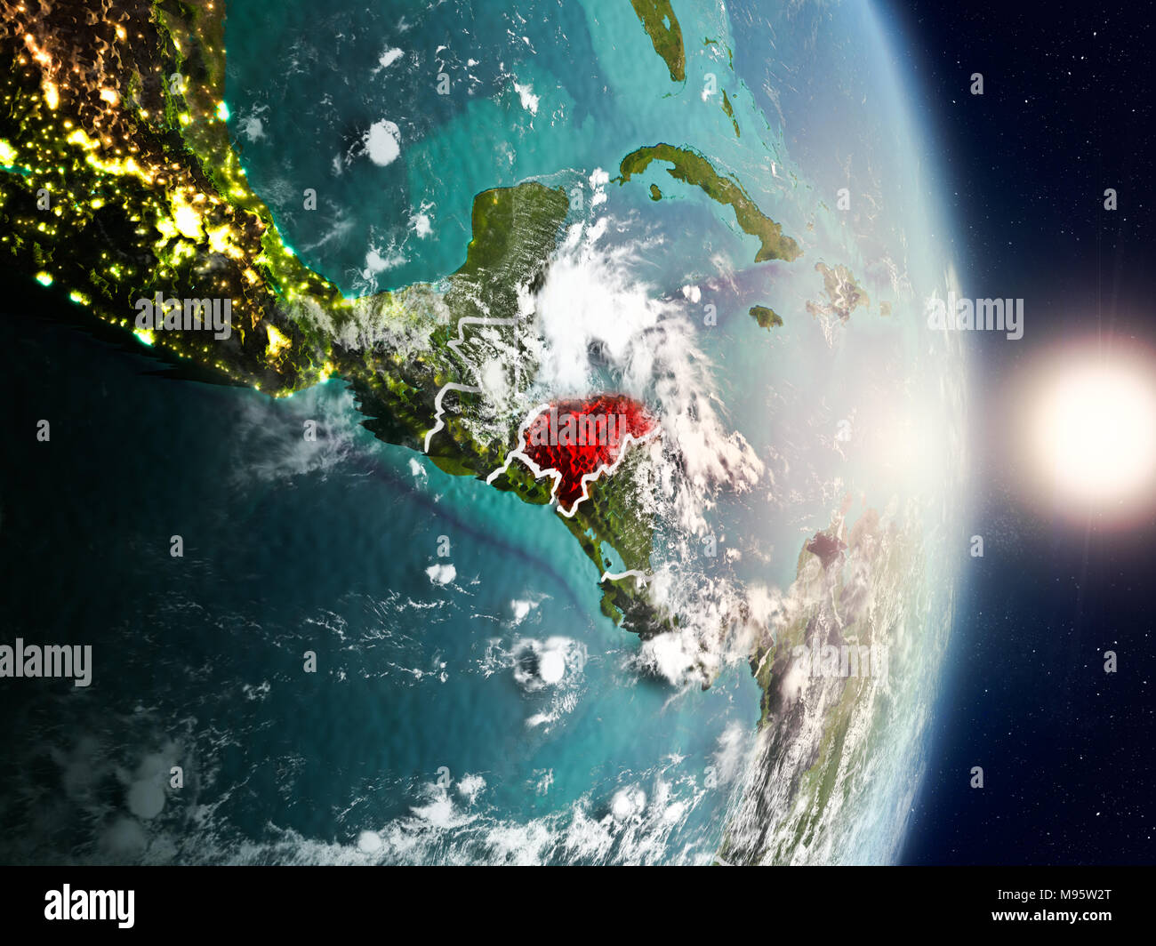 Honduras during sunrise highlighted in red on planet Earth with visible ...