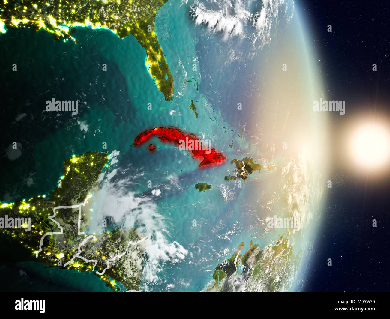 Cuba during sunrise highlighted in red on planet Earth with visible ...
