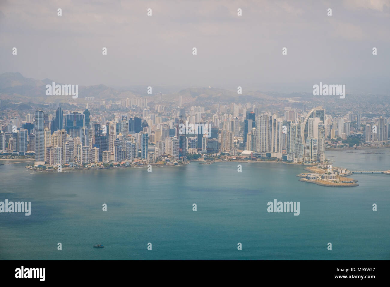 Panama City aerial - skyscraper skyline and coast view of Panama city ...