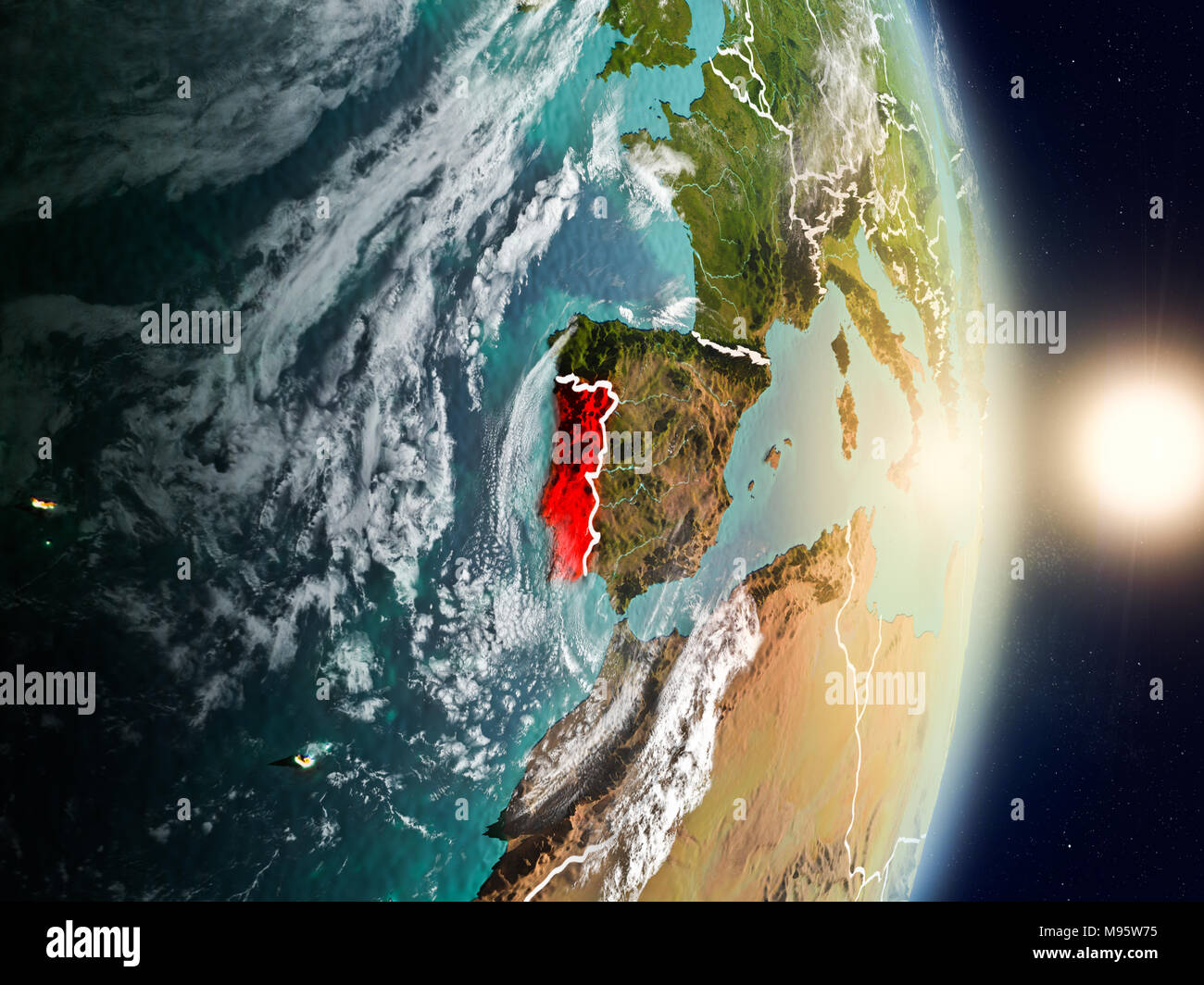 Portugal during sunrise highlighted in red on planet Earth with visible ...