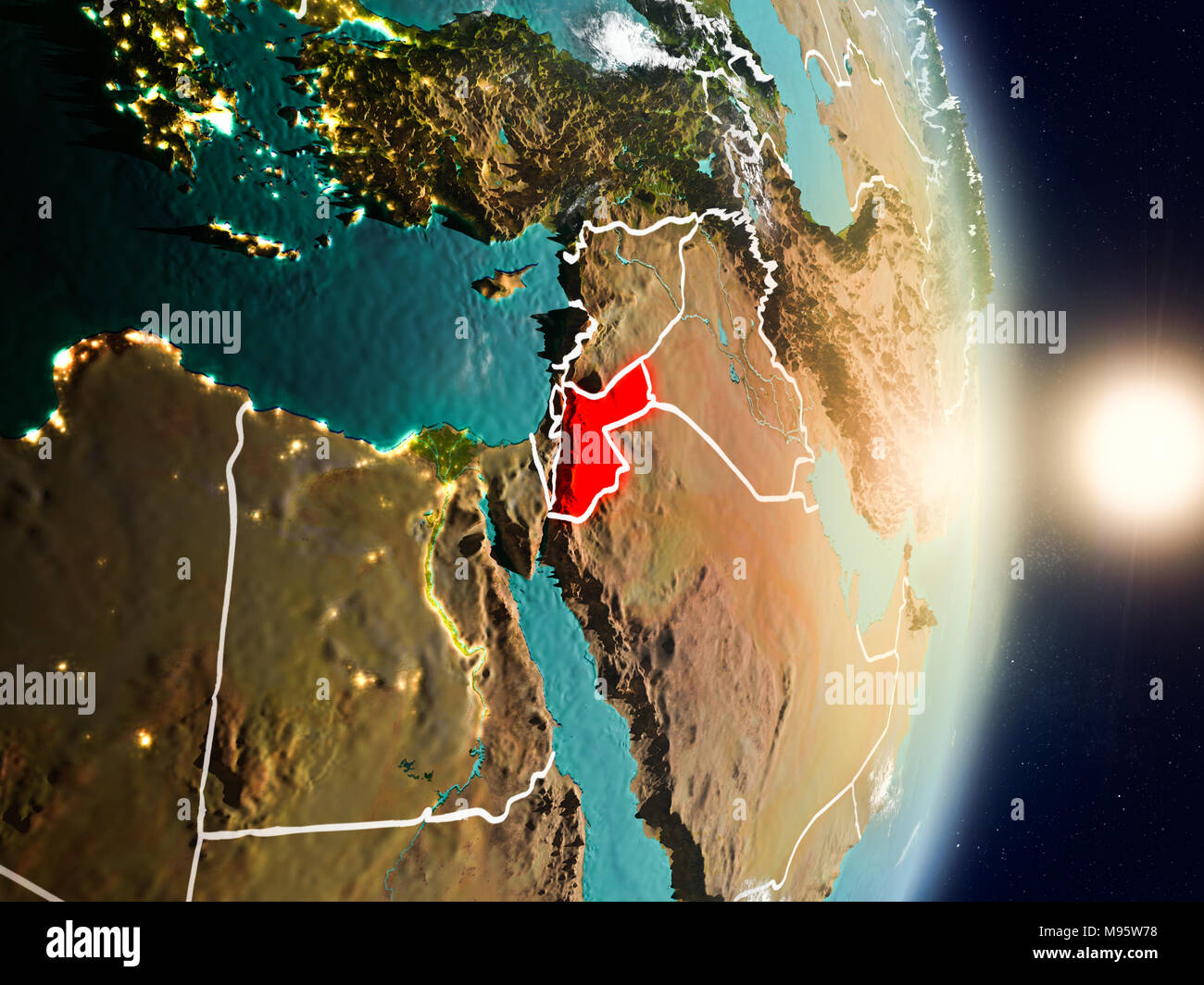 Jordan during sunrise highlighted in red on planet Earth with visible ...