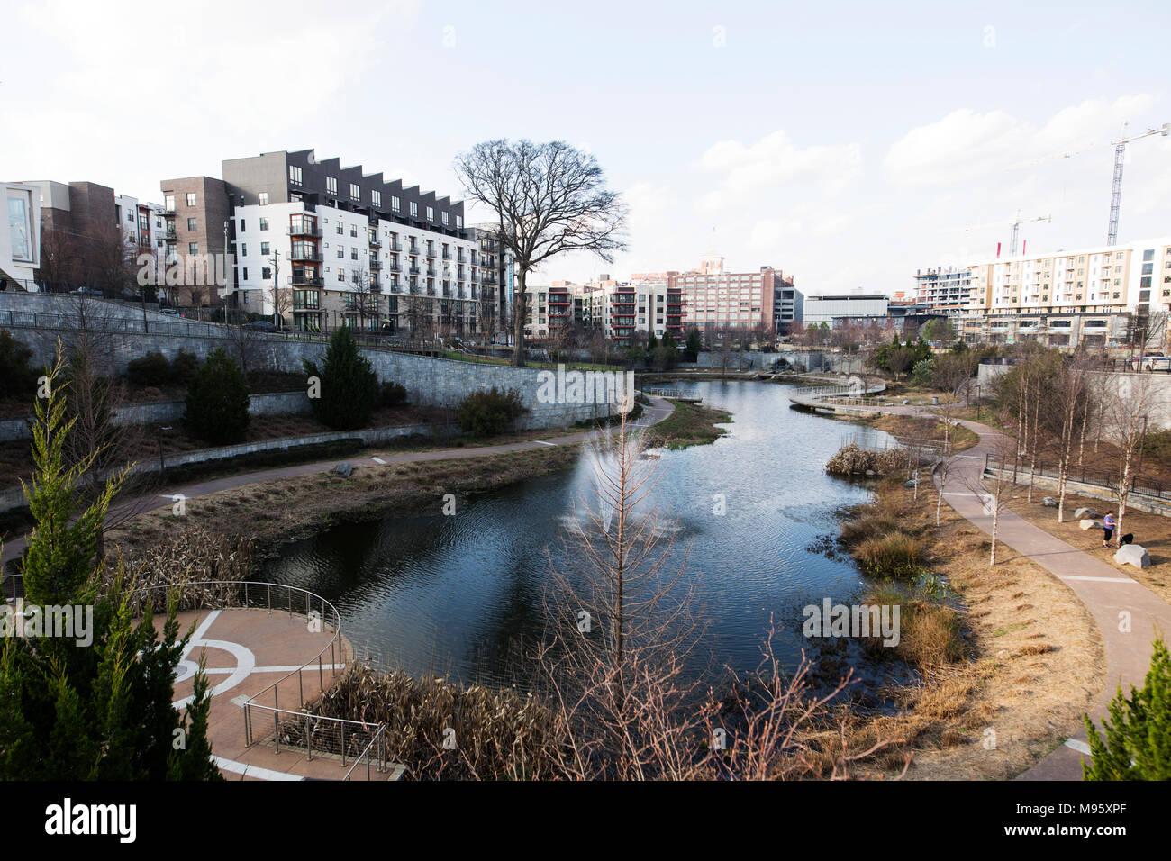 Looking over the water at Historic Fourth Ward Park in Atlanta, Georgia ...