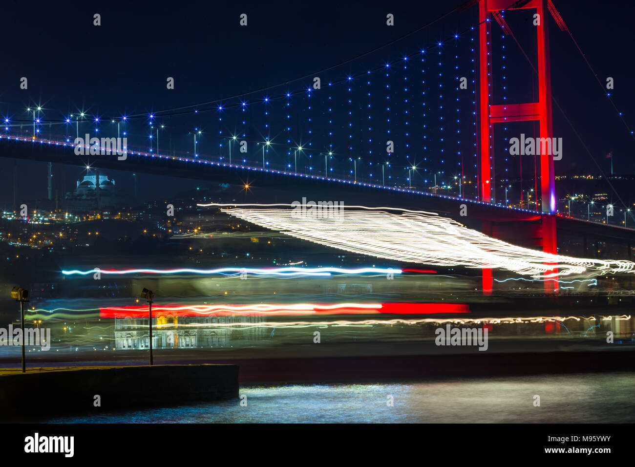 Night view of 15 July Martyrs Bridge or unofficially Bosphorus Bridge ...