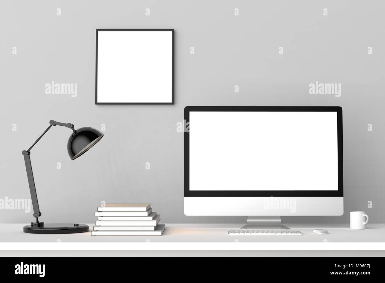 Modern workspace with isolated empty frame on wall and isolated ...