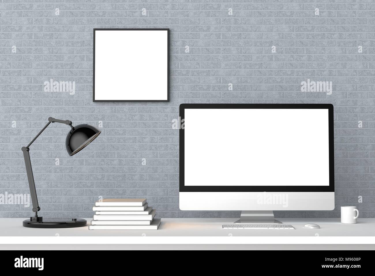 Modern workspace with isolated empty frame on wall and isolated ...