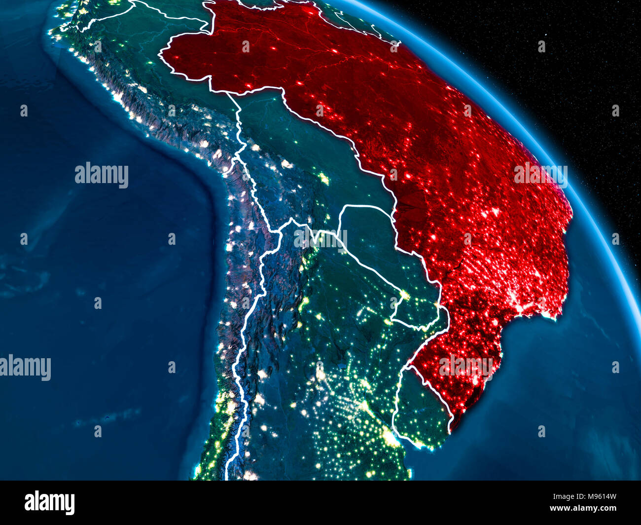 Satellite view of Brazil highlighted in red on planet Earth at night ...