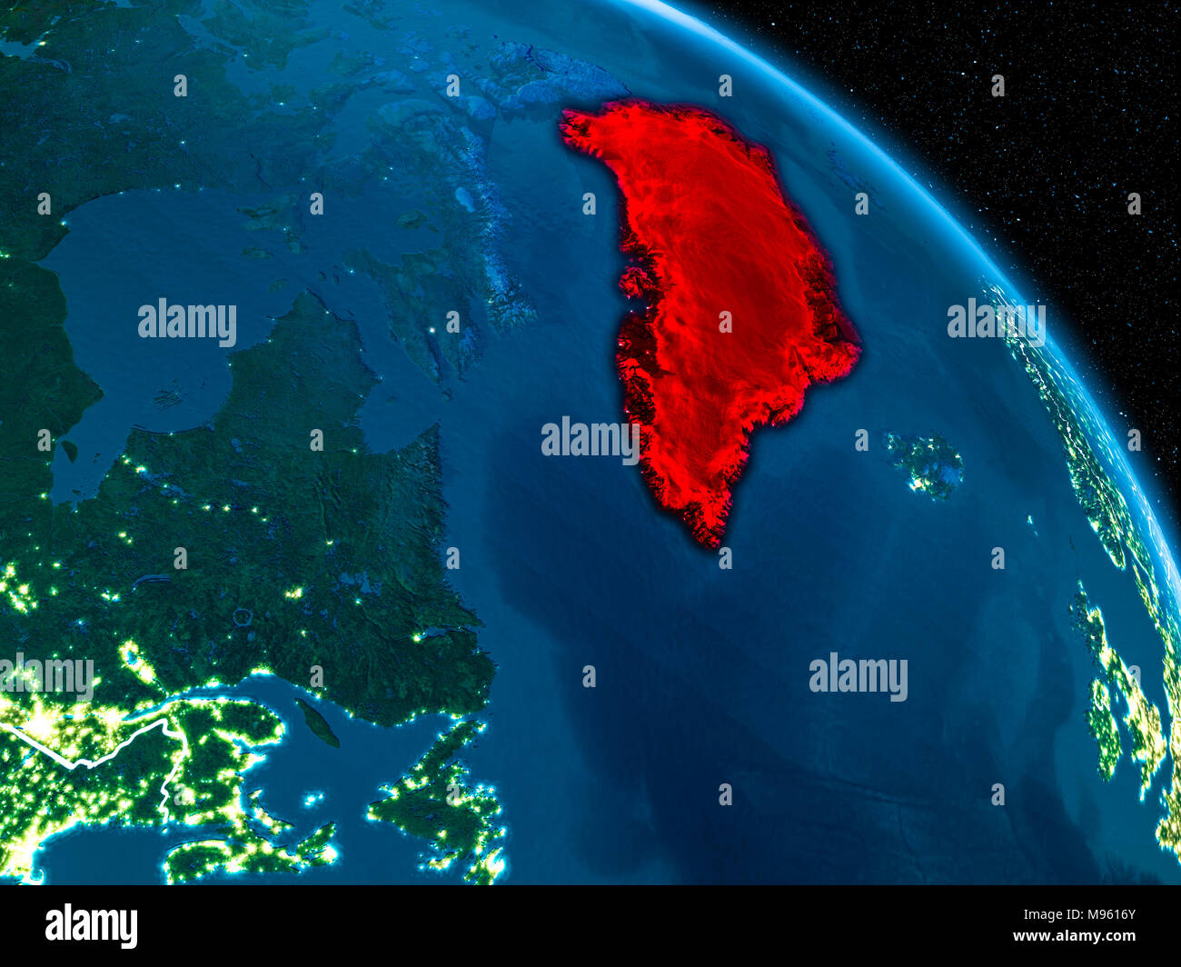 Satellite view of Greenland highlighted in red on planet Earth at night with borderlines and ...