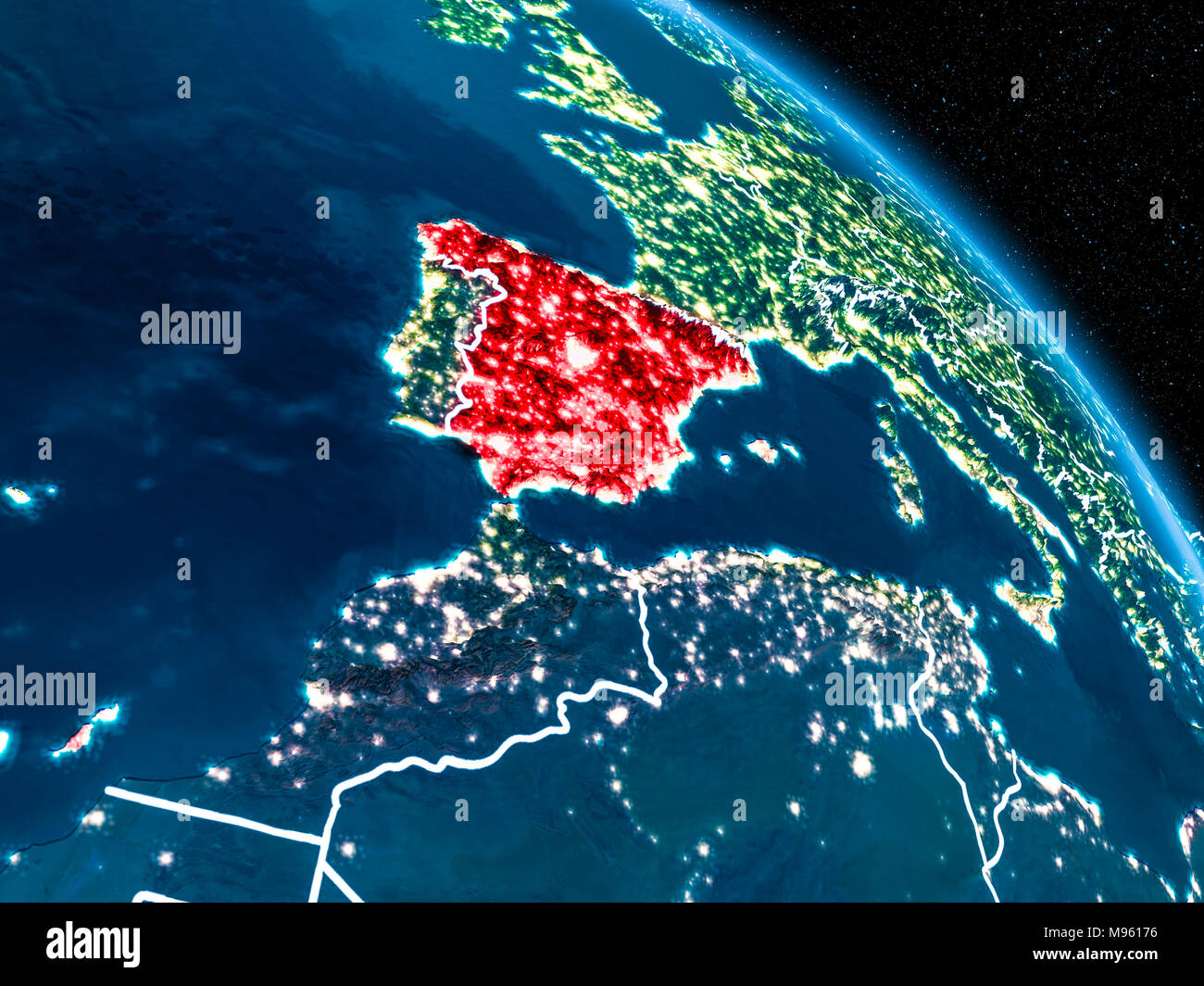 Satellite view of Spain highlighted in red on planet Earth at night ...