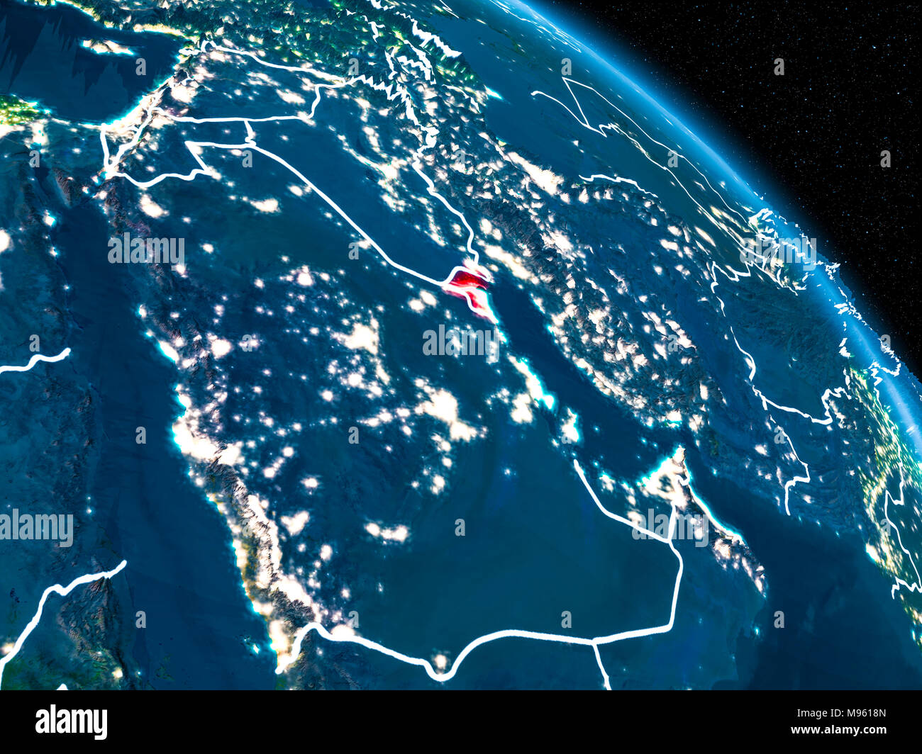 Satellite view of Kuwait highlighted in red on planet Earth at night with borderlines and city ...