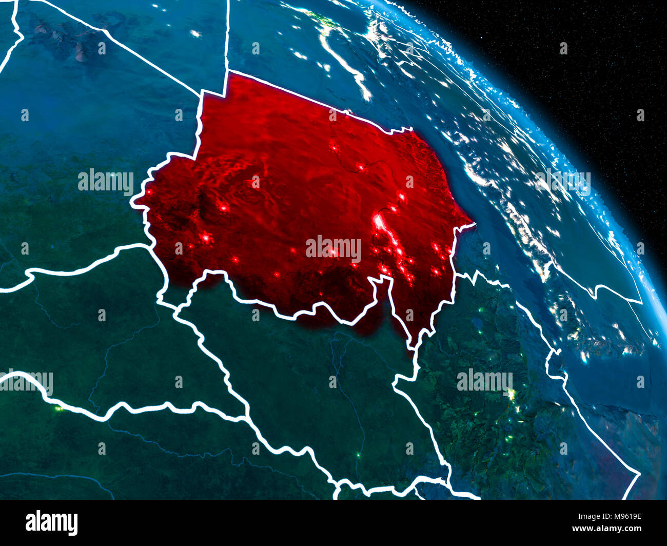 Satellite view of Sudan highlighted in red on planet Earth at night with borderlines and city ...