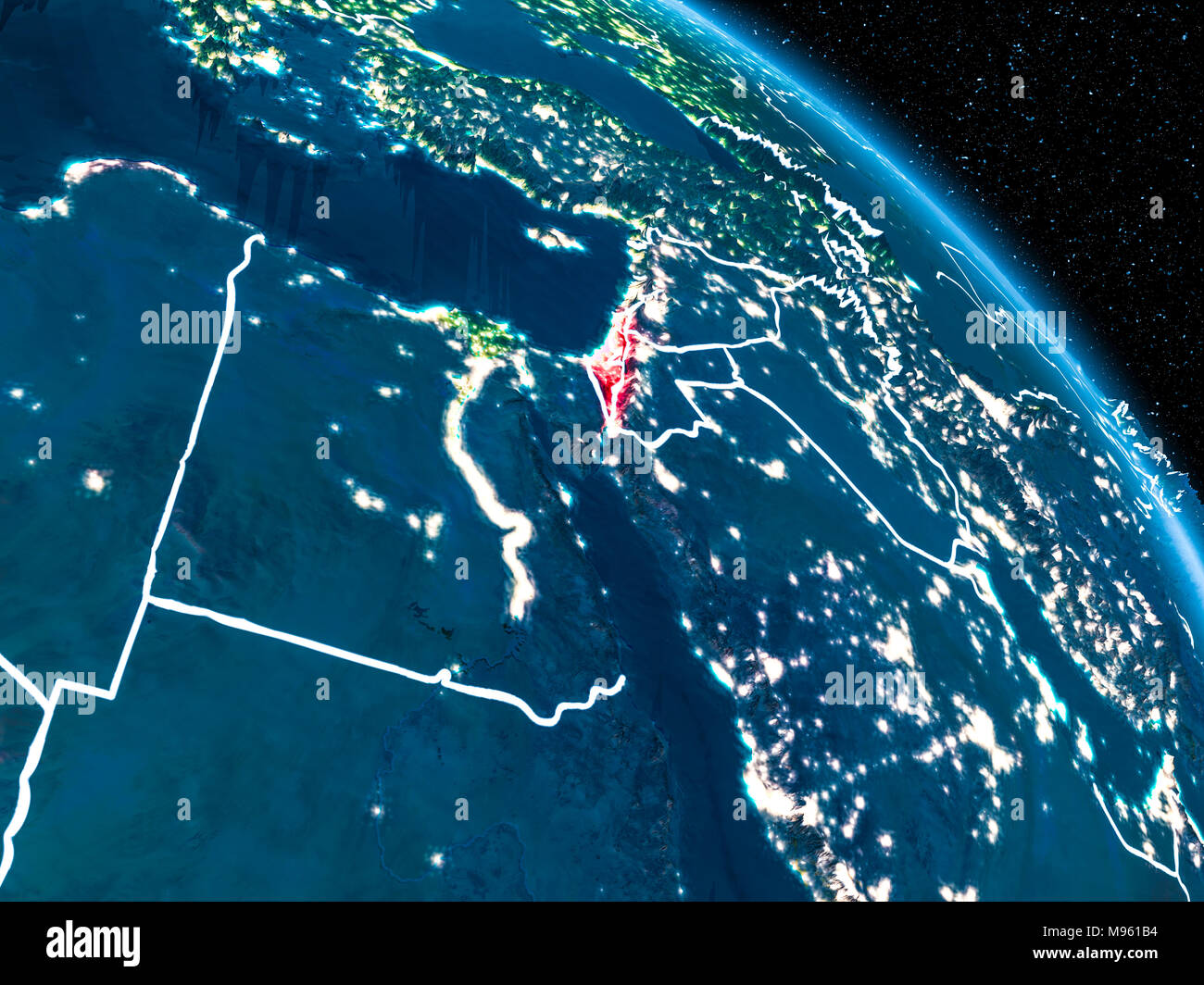 Satellite view of Israel highlighted in red on planet Earth at night with borderlines and city ...