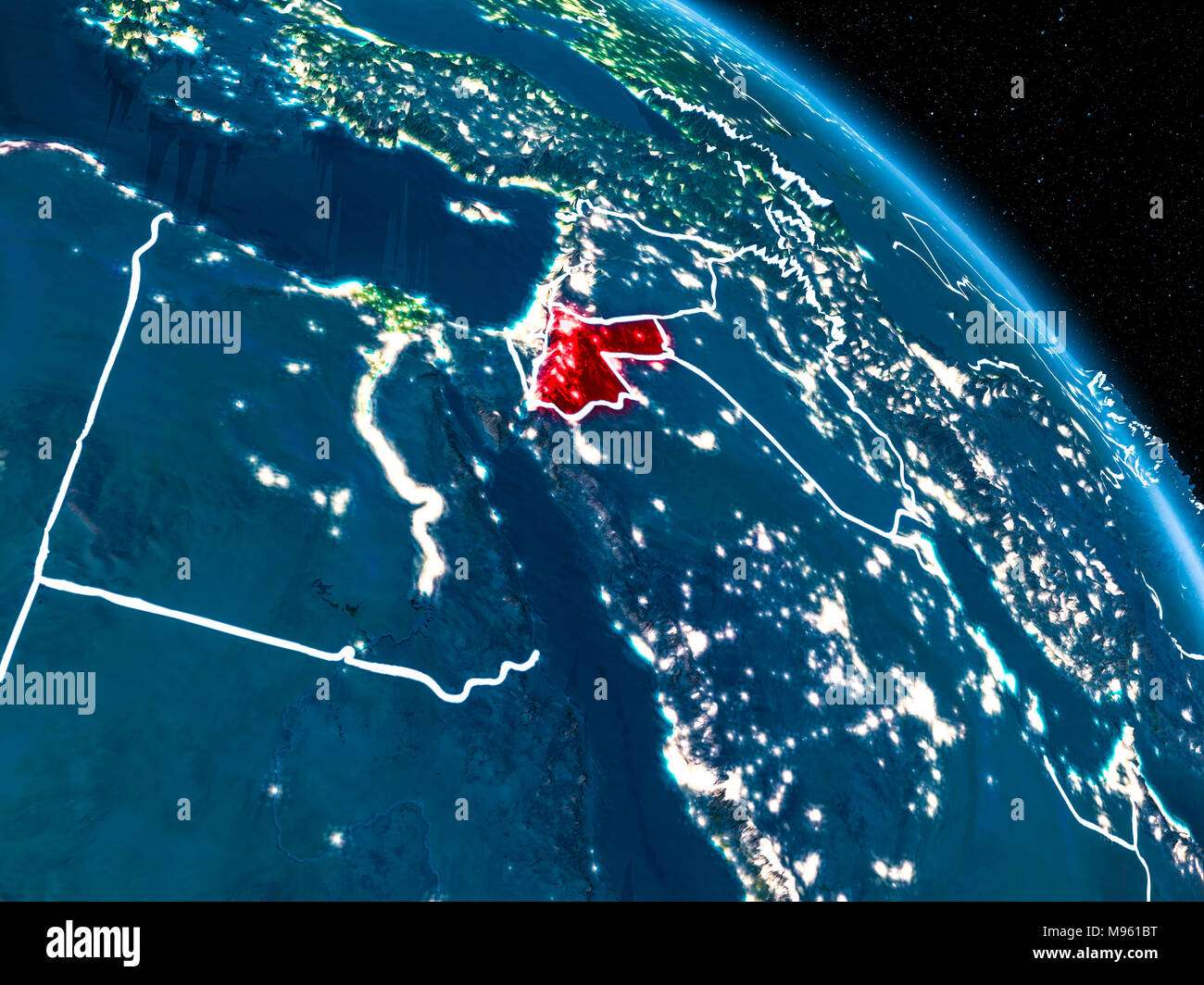 Satellite view of Jordan highlighted in red on planet Earth at night ...
