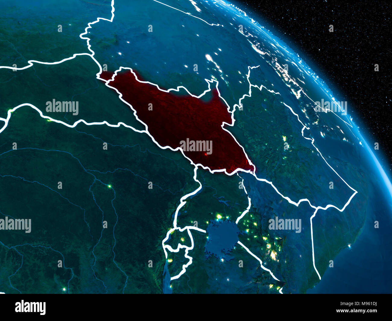 Satellite view of South Sudan highlighted in red on planet Earth at ...