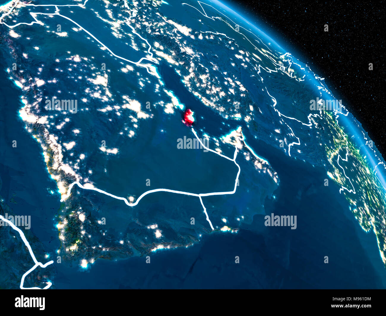 Satellite view of Qatar highlighted in red on planet Earth at night ...