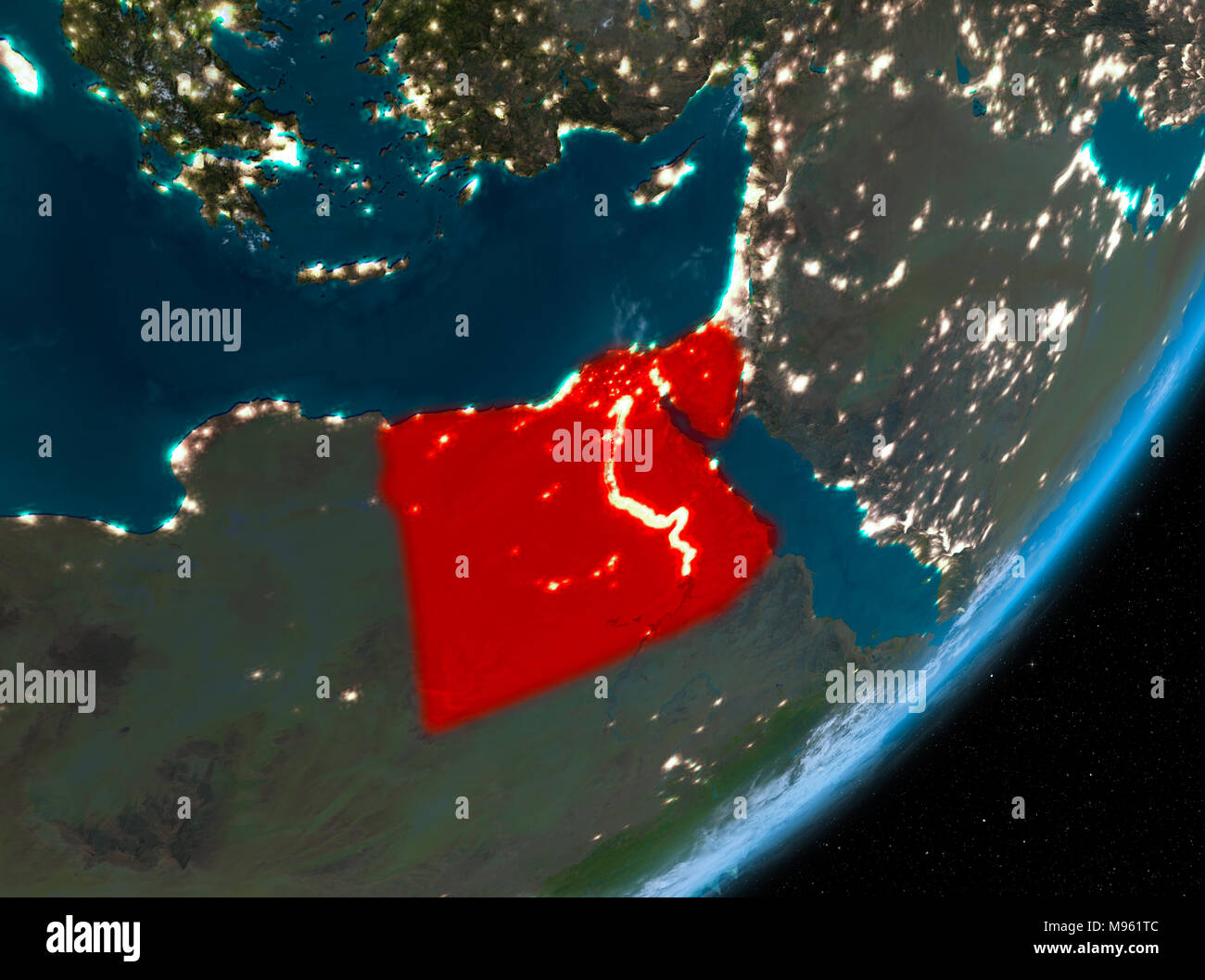Egypt from orbit of planet Earth at night with highly detailed surface ...