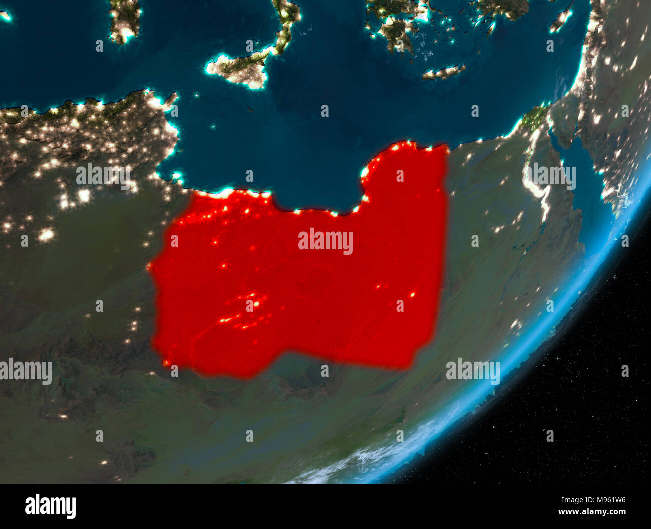 Libya from orbit of planet Earth at night with highly detailed surface ...