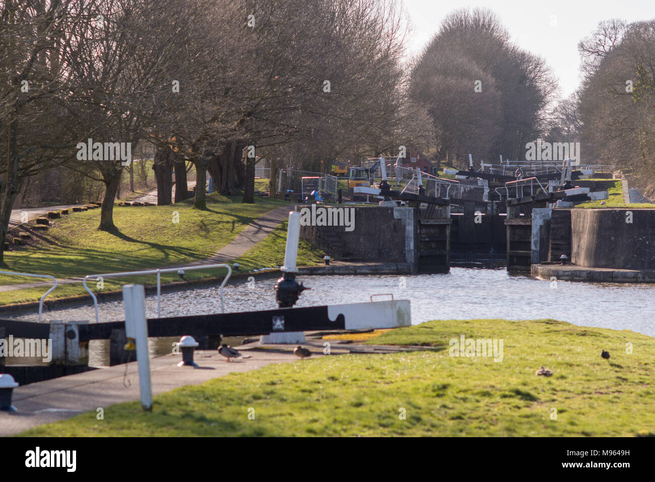 Hatton locks Warwick UK looking up the flight Stock Photo - Alamy