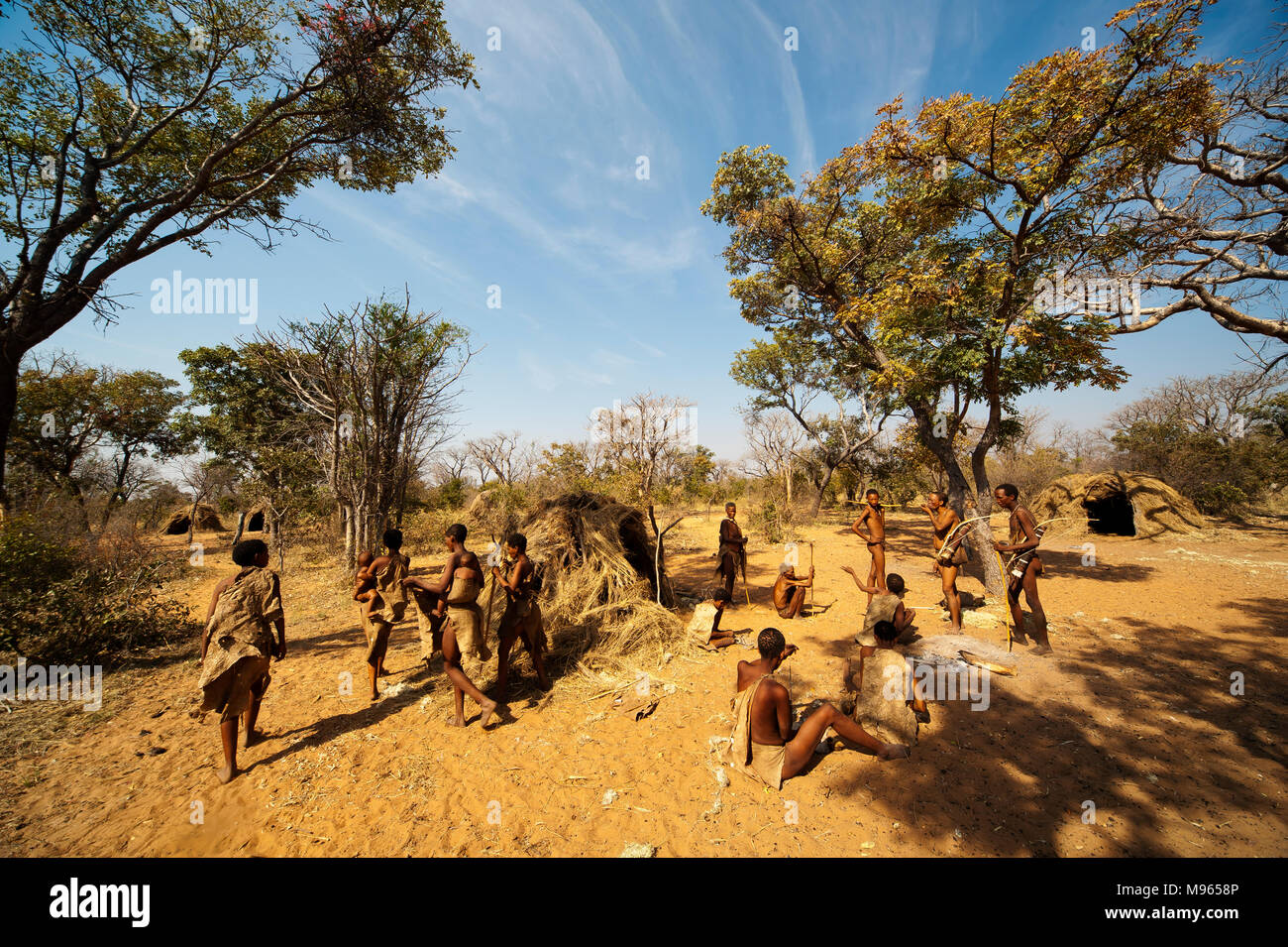 Ju/'Hoansi or San bushmen in daily activities making bow and arrows at ...