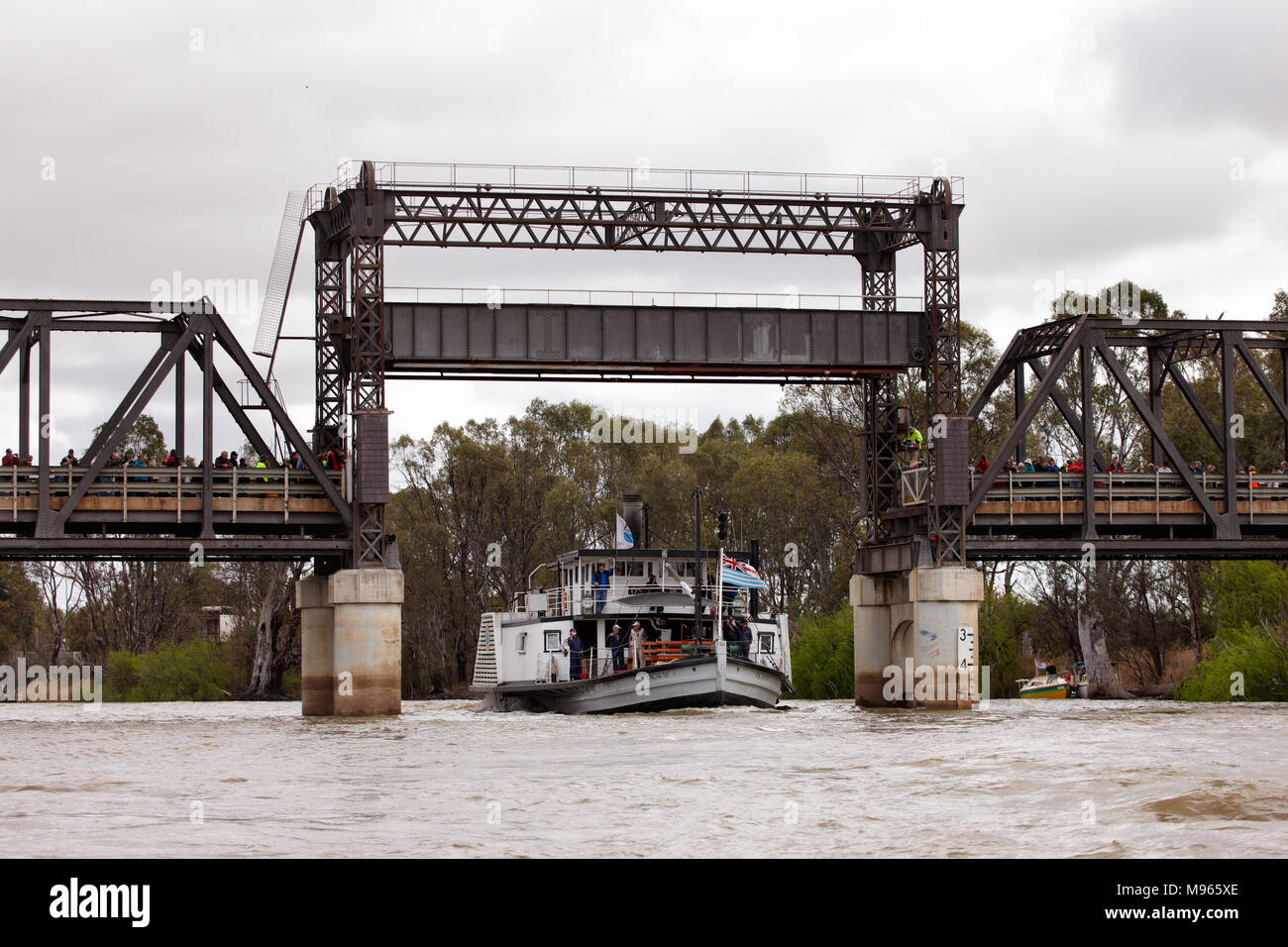 Paddle Steamer Oscar W passes under the Abbotsford Bridge near Curlwaa ...