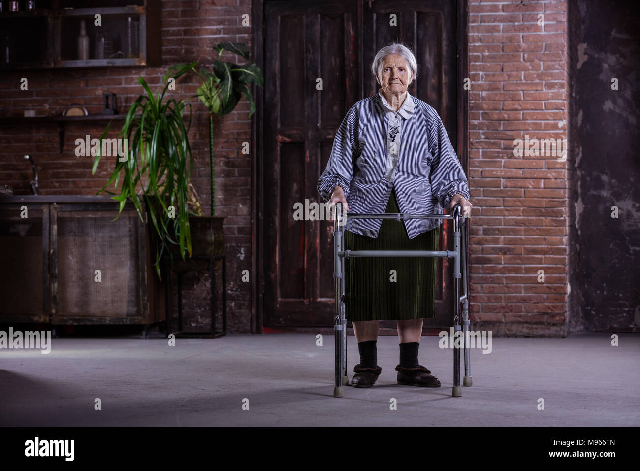 Portrait of senior woman with walker at home, looking at camera Stock ...
