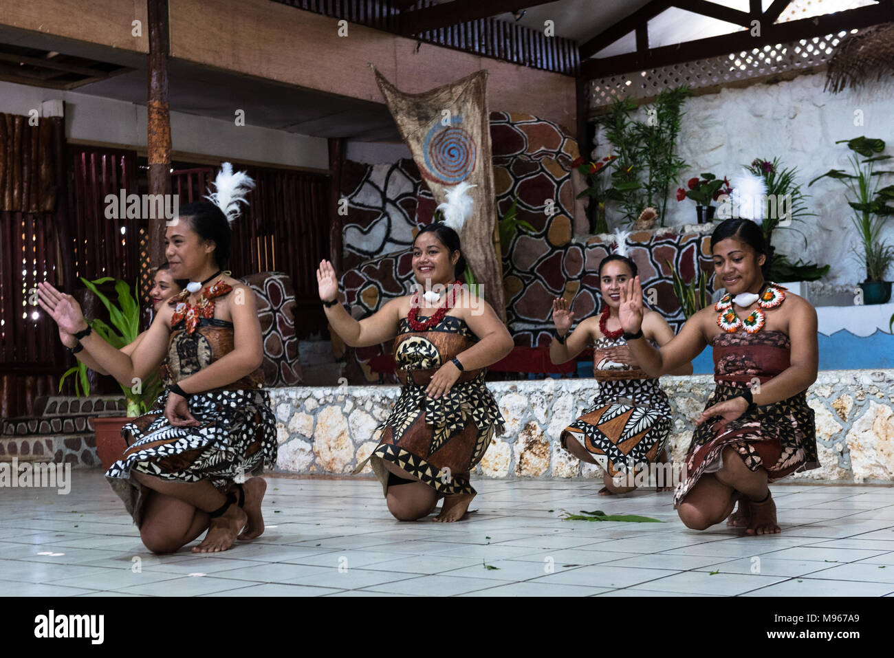 Nuku'Alofa, Tonga -- March 10, 2018. Female dancers in native garb ...