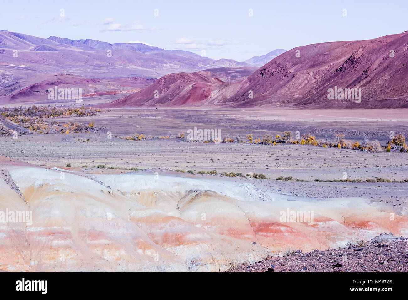 Colorful pink hills under the Sunny sky. Rocks and mountains of pastel ...