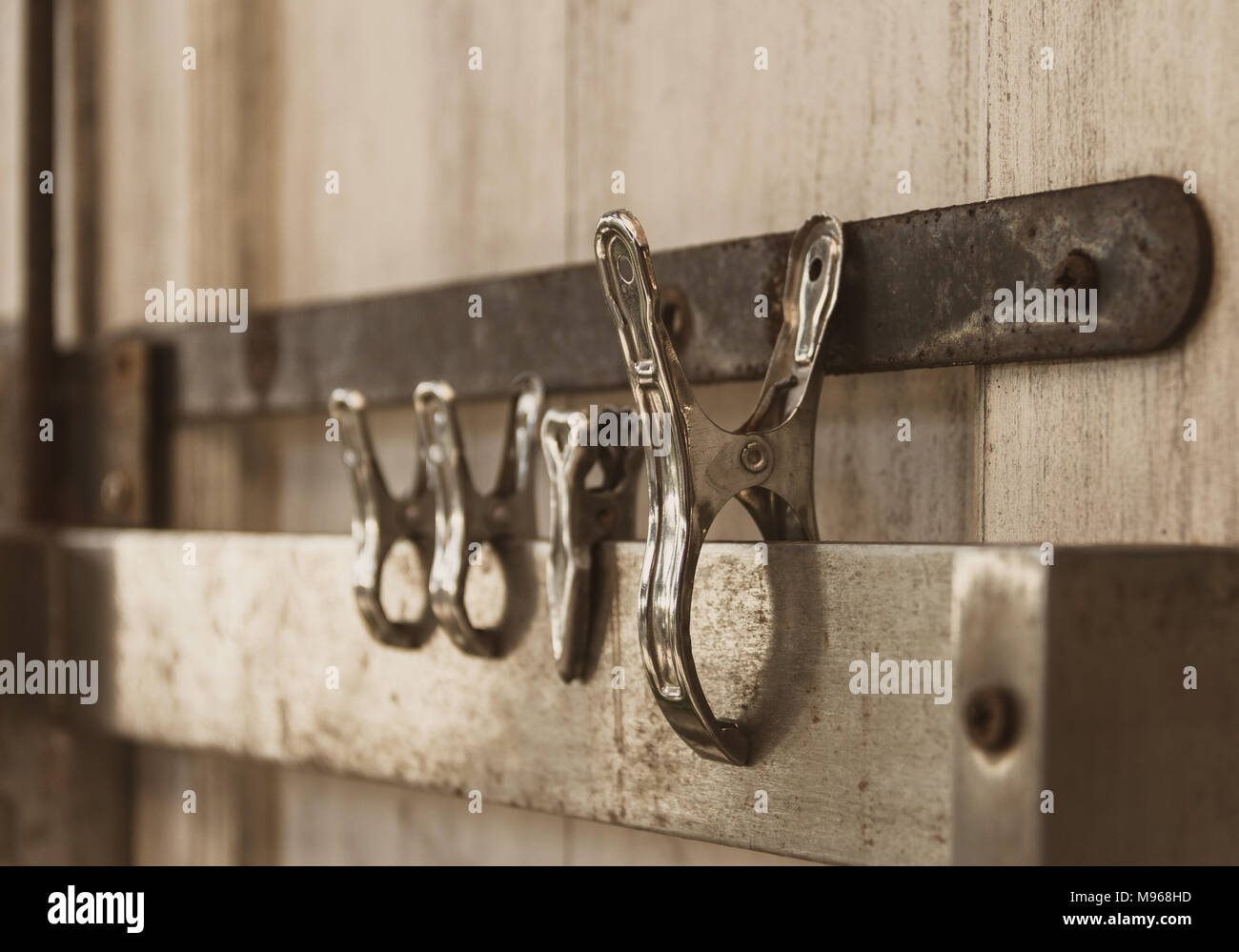 Old Stainless Steel Clamps Pin on The Wooden Wall Stock Photo - Alamy