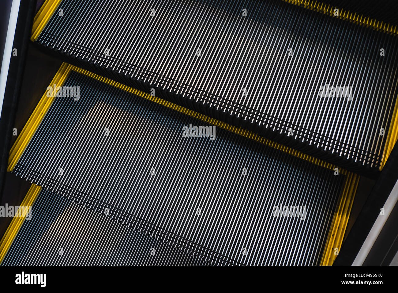 Close up Escalator Staircase made with steel groove rail and anti slip ...