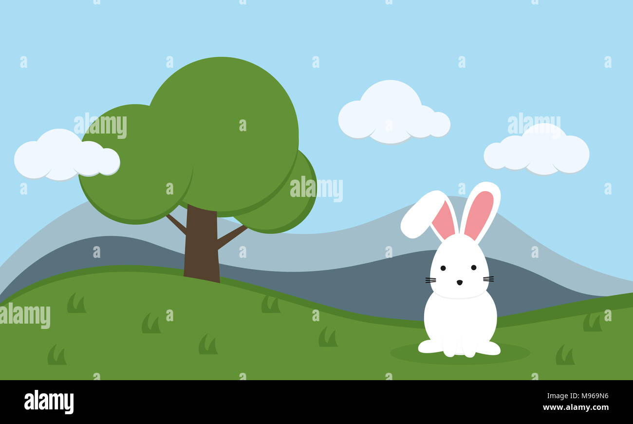 Little rabbit n green forest. Cute animal cartoon illustration Stock ...