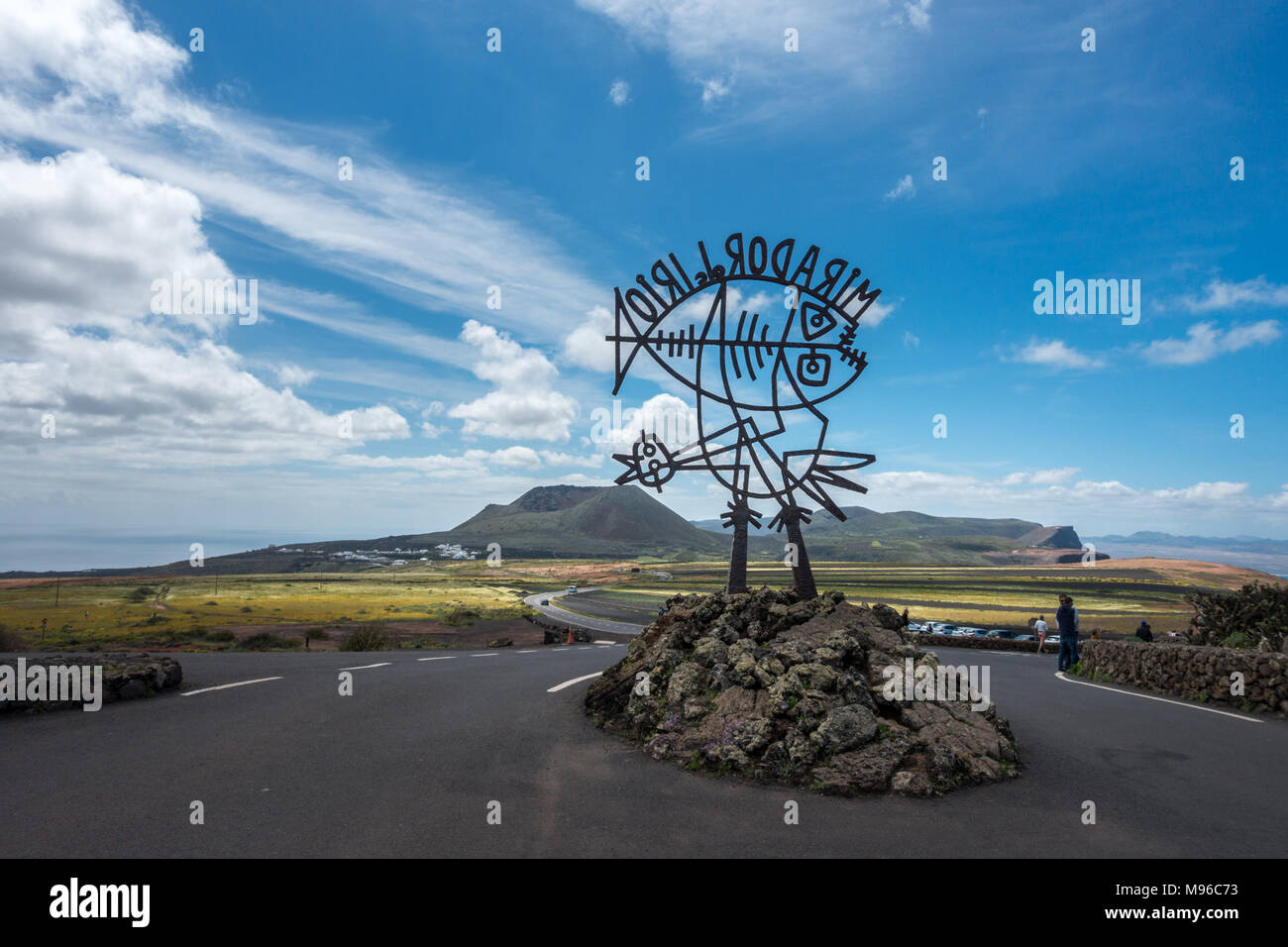 Beautiful view south through the signpost of Mirador del Rio, Lanzarote ...