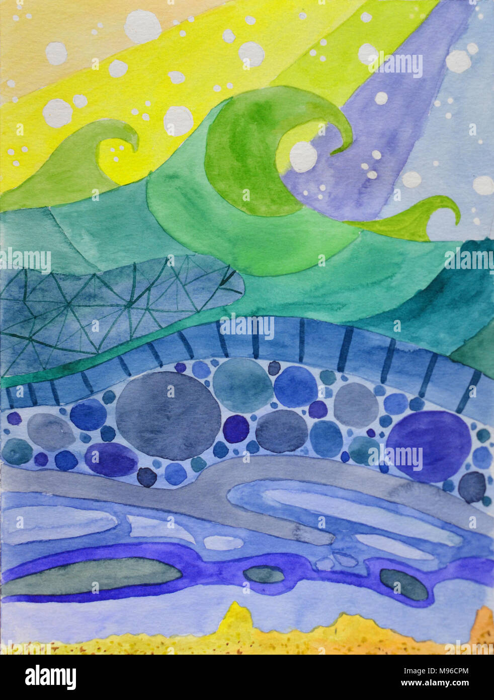 Abstract watercolor painting. Art Nouveau stained glass waves ...