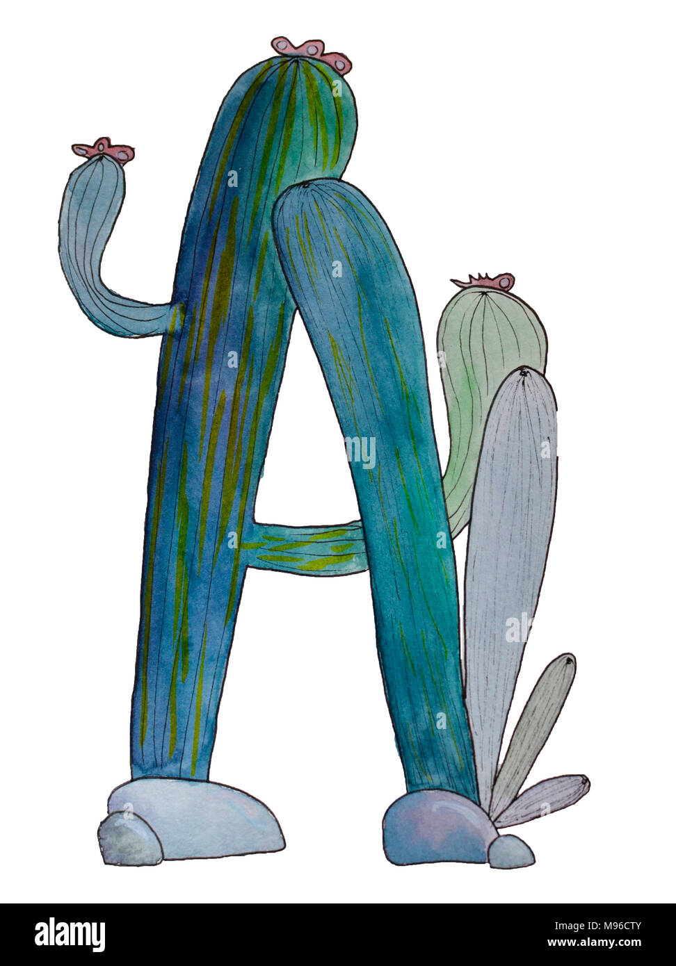 Watercolor illustration with cactus. background with Letter - A. Cool ...