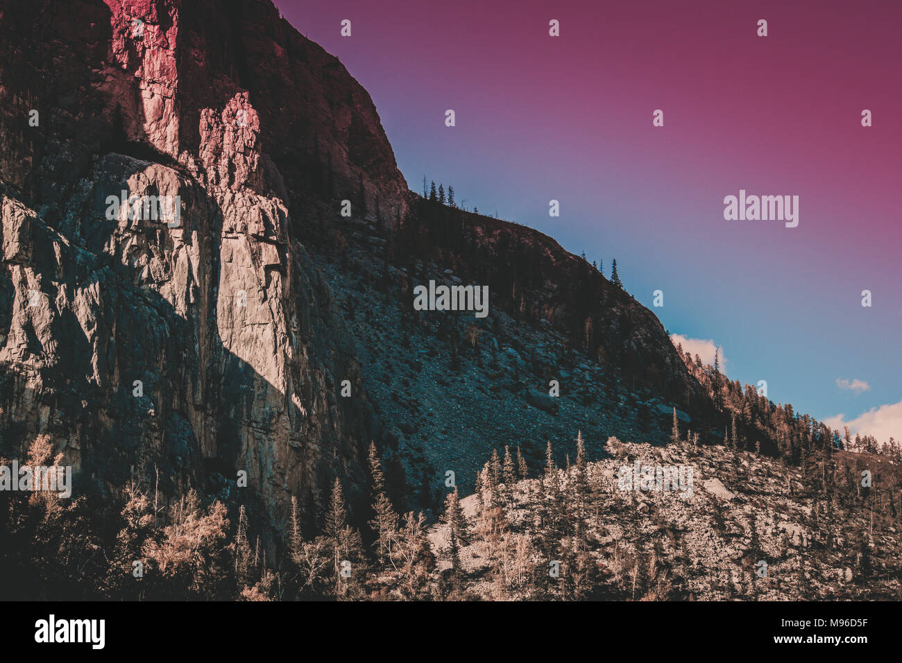 Gently sloping hills and pastel colors. Rocks under the pink sky ...