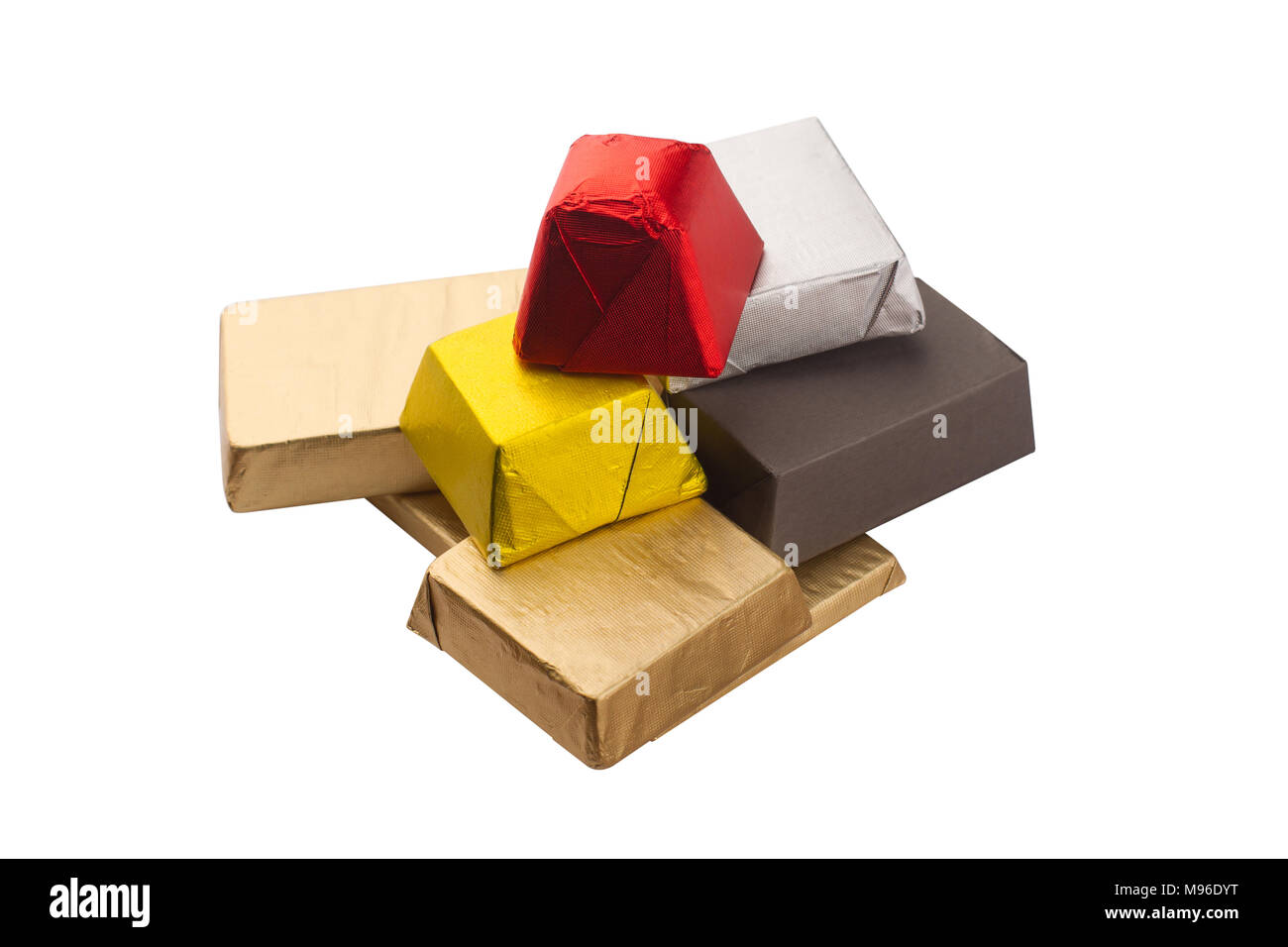 closeup top view of many colors chocolate bars stack arranged in shiny ...