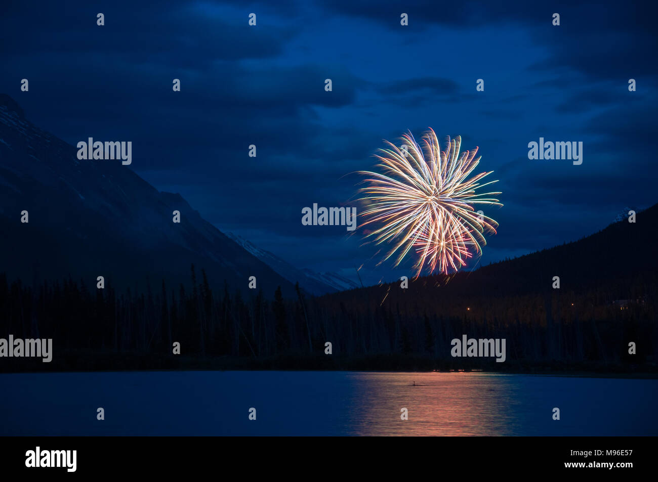 Fireworks over Vermillion Lakes, Banff National Park, Alberta, Canada ...