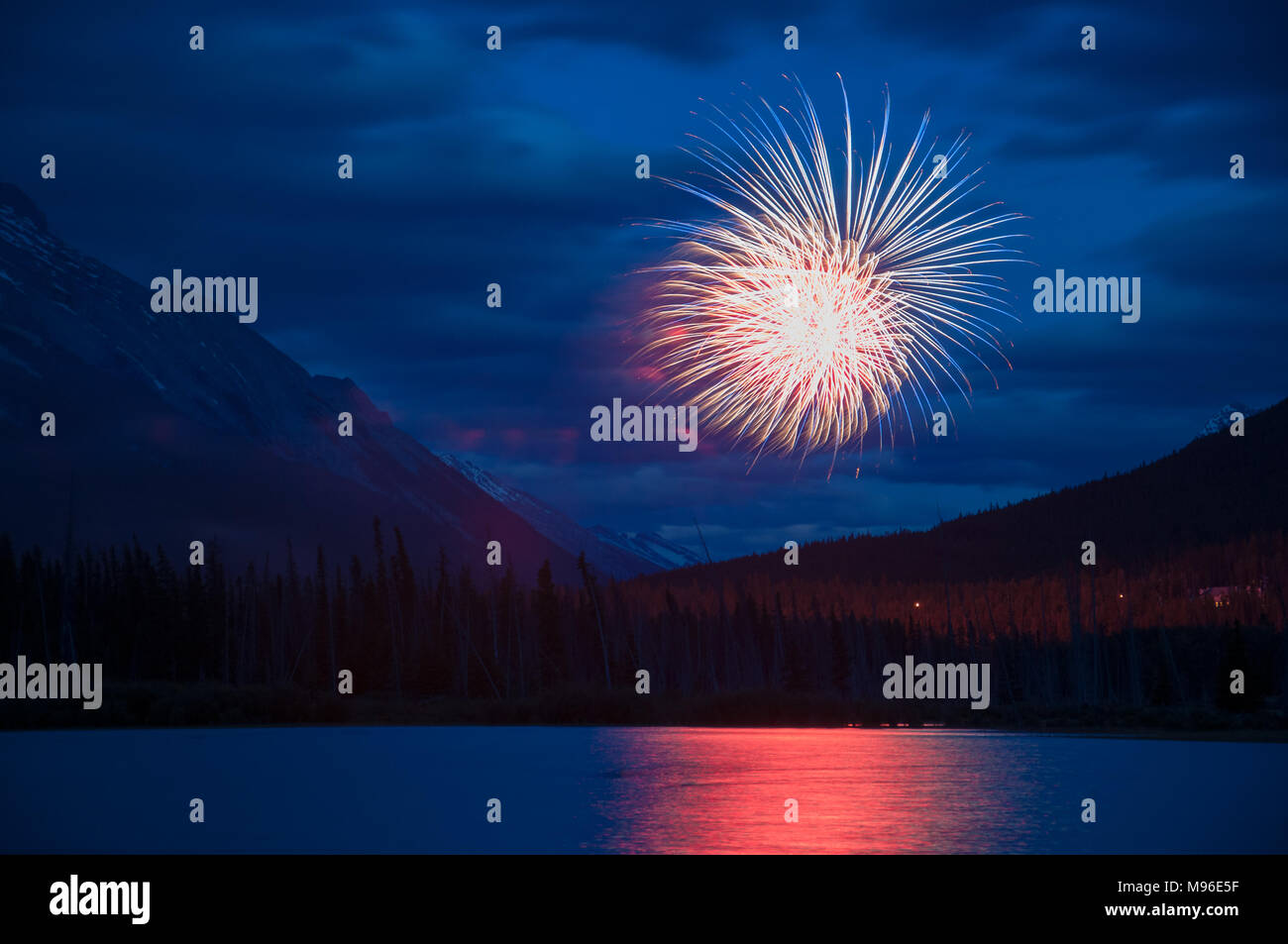 Fireworks over Vermillion Lakes, Banff National Park, Alberta, Canada ...