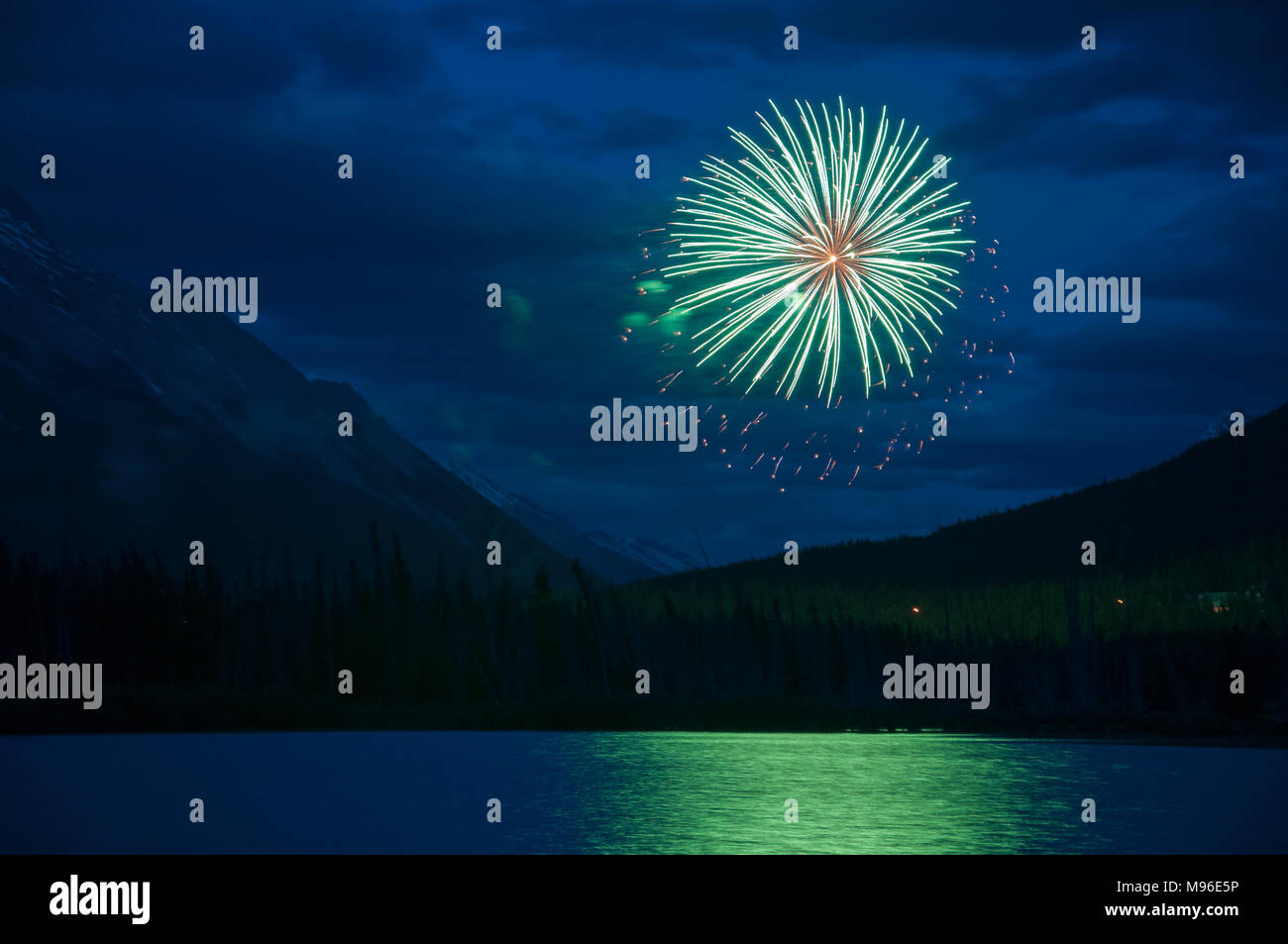 Fireworks over Vermillion Lakes, Banff National Park, Alberta, Canada ...
