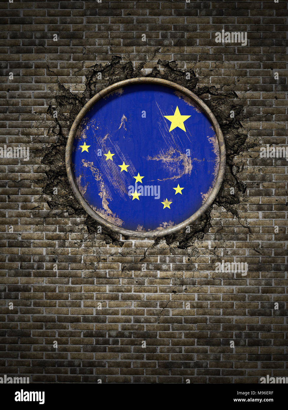 3d rendering of an Alaska State flag over a rusty metallic plate ...