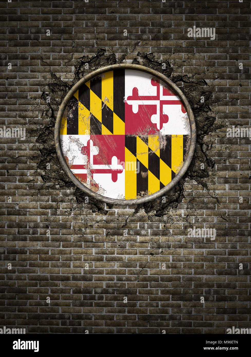 3d rendering of a Maryland State flag over a rusty metallic plate ...